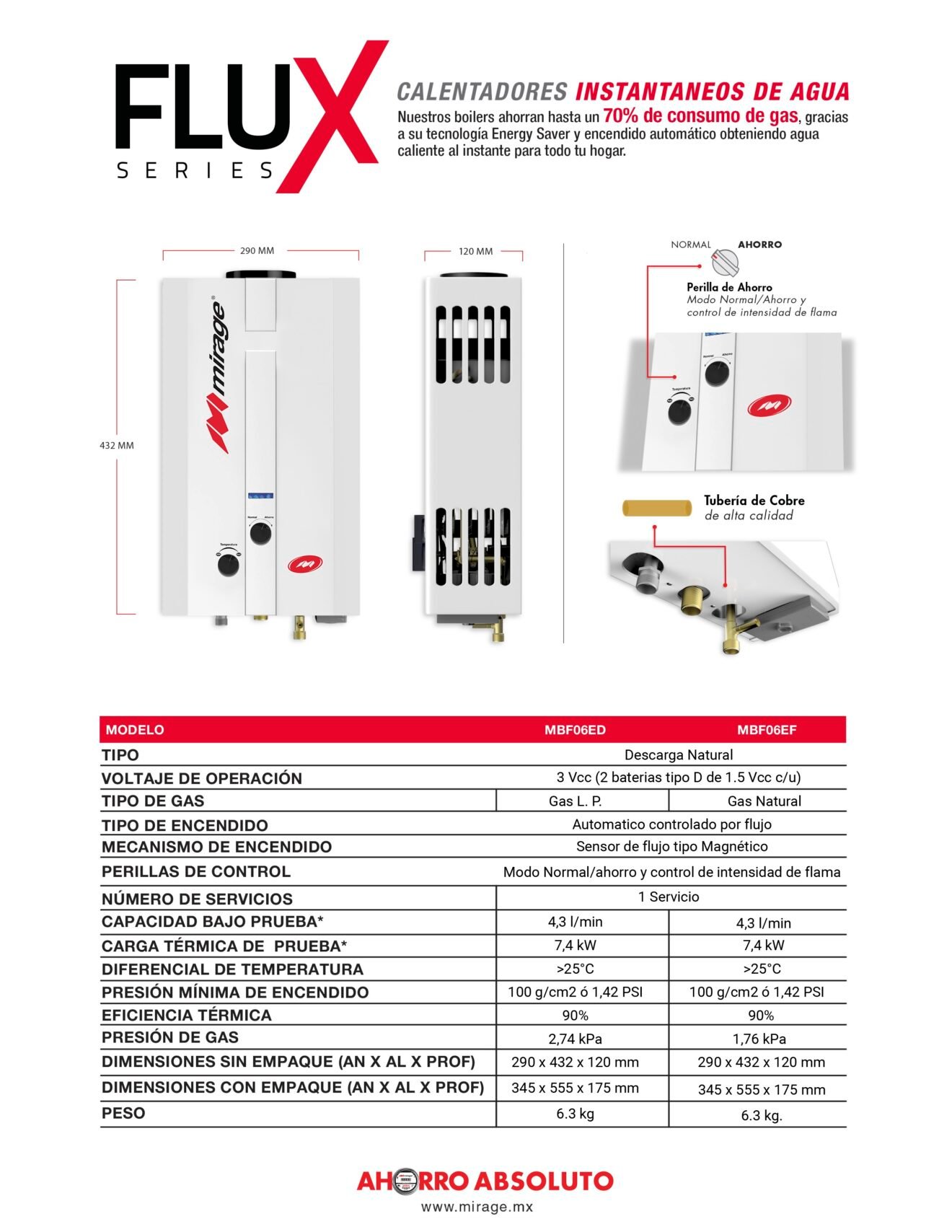 BOILER DE PASO INSTANTANEO MIRAGE FLUX BASICO 4.3L/min - Greensaver
